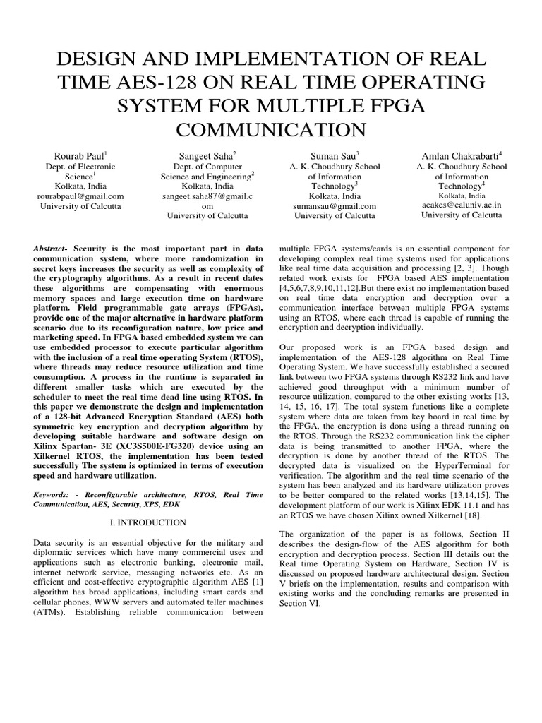 Design and Implementation of Real Time Aes-128 On Real Time Operating System For Multiple Fpga ...