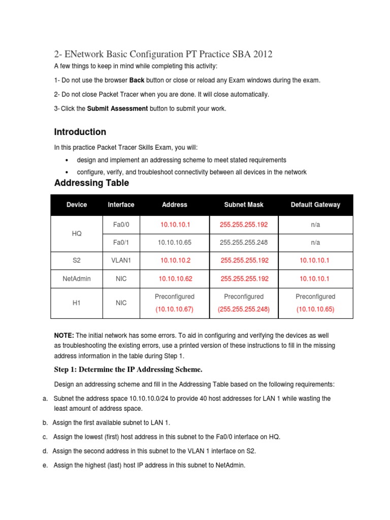 2-Enetwork Basic Configuration PT Practice Sba 2012: Step 1: Determine The Ip Addressing Scheme ...