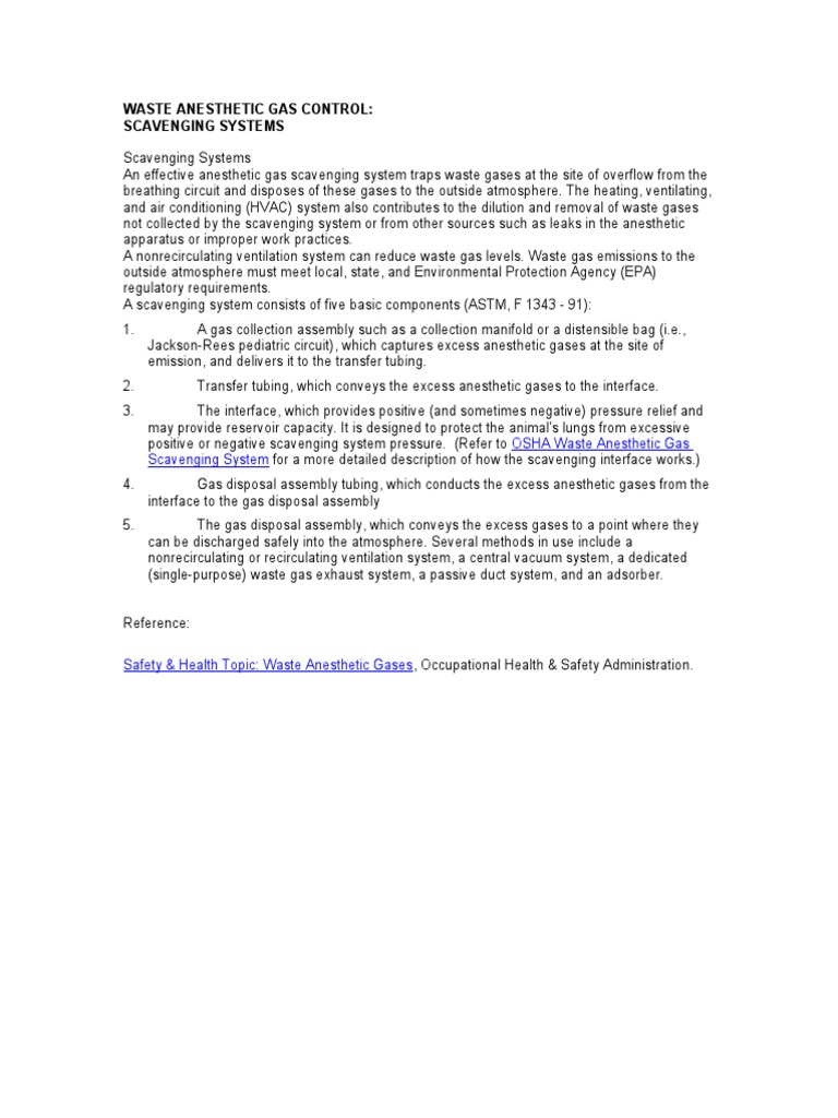 Waste Anesthetic Gas Control: Scavenging Systems | PDF