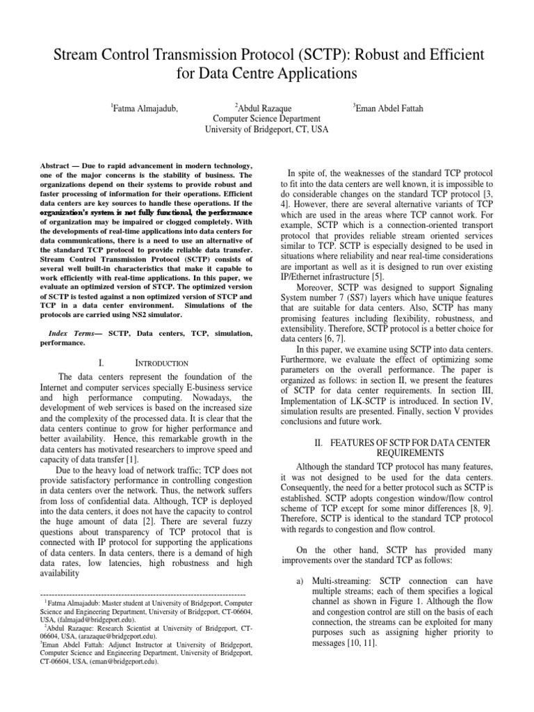 Stream Control Transmission Protocol (SCTP) : Robust and Efficient For ...