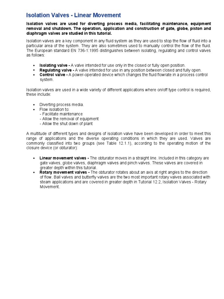 Isolation Valves - Linear Movement | PDF | Valve | Chemical Engineering