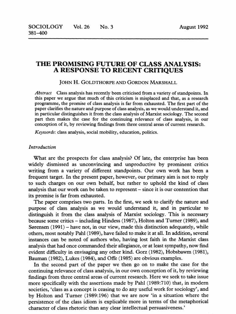 The Promising Future of Class Analysis - Goldthorpe y Marshall | PDF