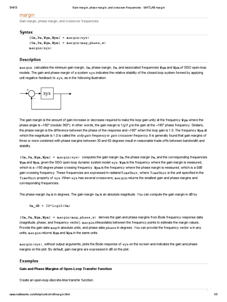 Gain Margin, Phase Margin, and Crossover Frequencies - MATLAB Margin | PDF | Control Theory ...