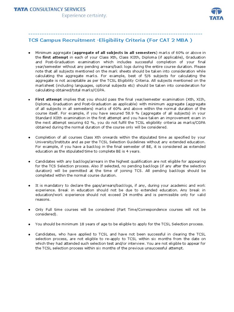 TCS Eligibility Criteria MBA | PDF | Postgraduate Education | Academic Term