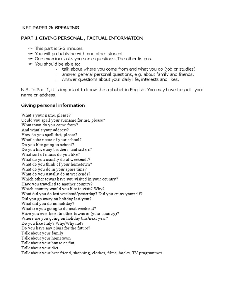 Ket Paper 3: Speaking Part 1 Giving Personal, Factual Information | PDF