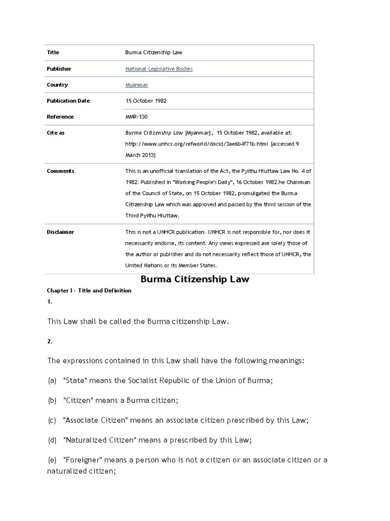 Myanmar Citizenship Law 1982 Overview | PDF | Naturalization | Citizenship