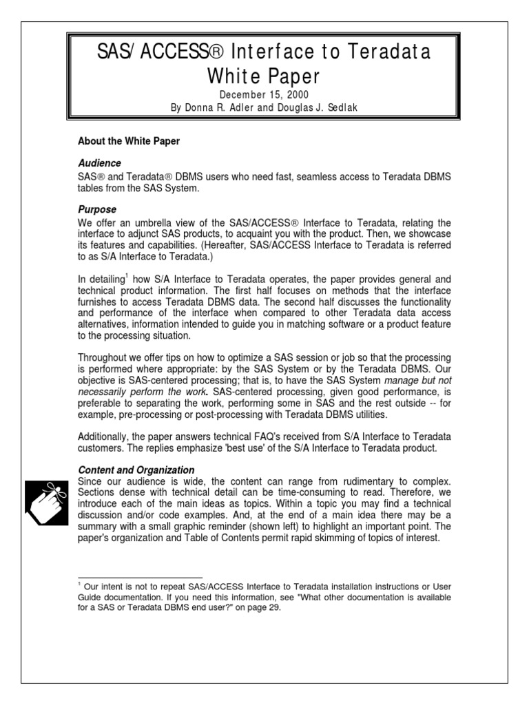 Sas/Access Interface To Teradata White Paper: December 15, 2000 by Donna R. Adler and Douglas J ...
