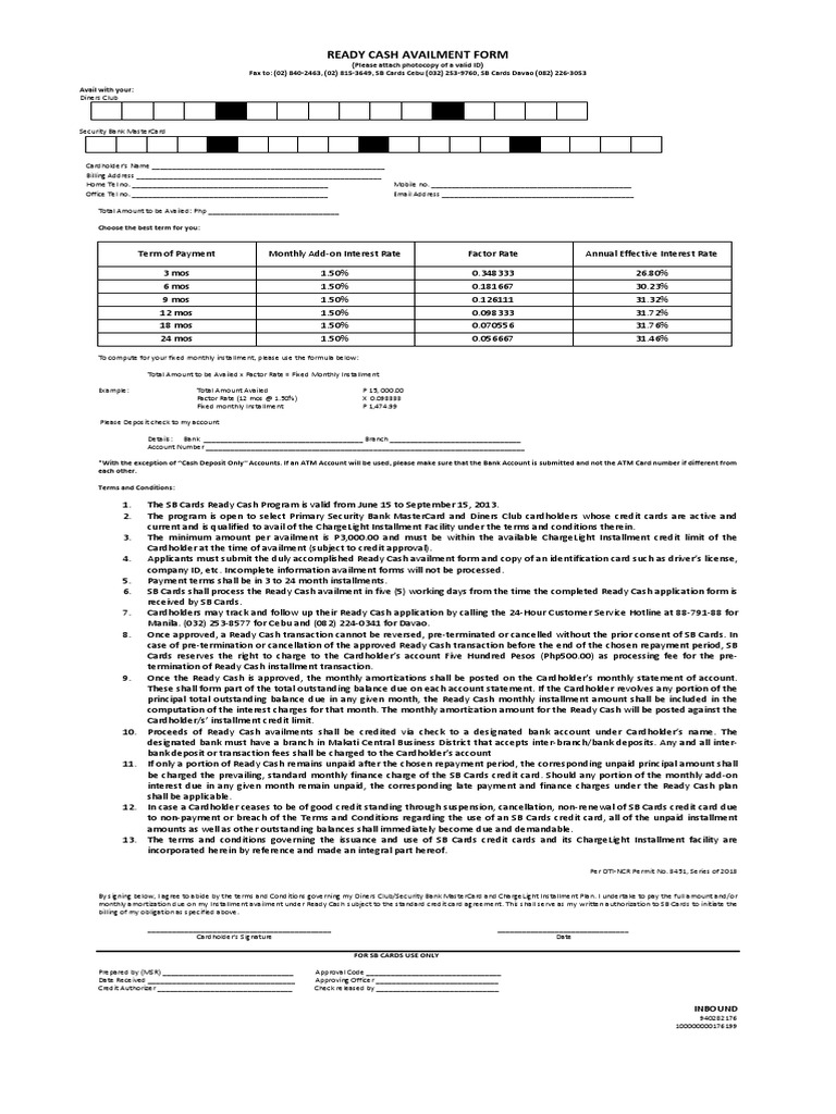 Ready Cash Availment Form 1.5% - IB | Credit Card | Financial Technology