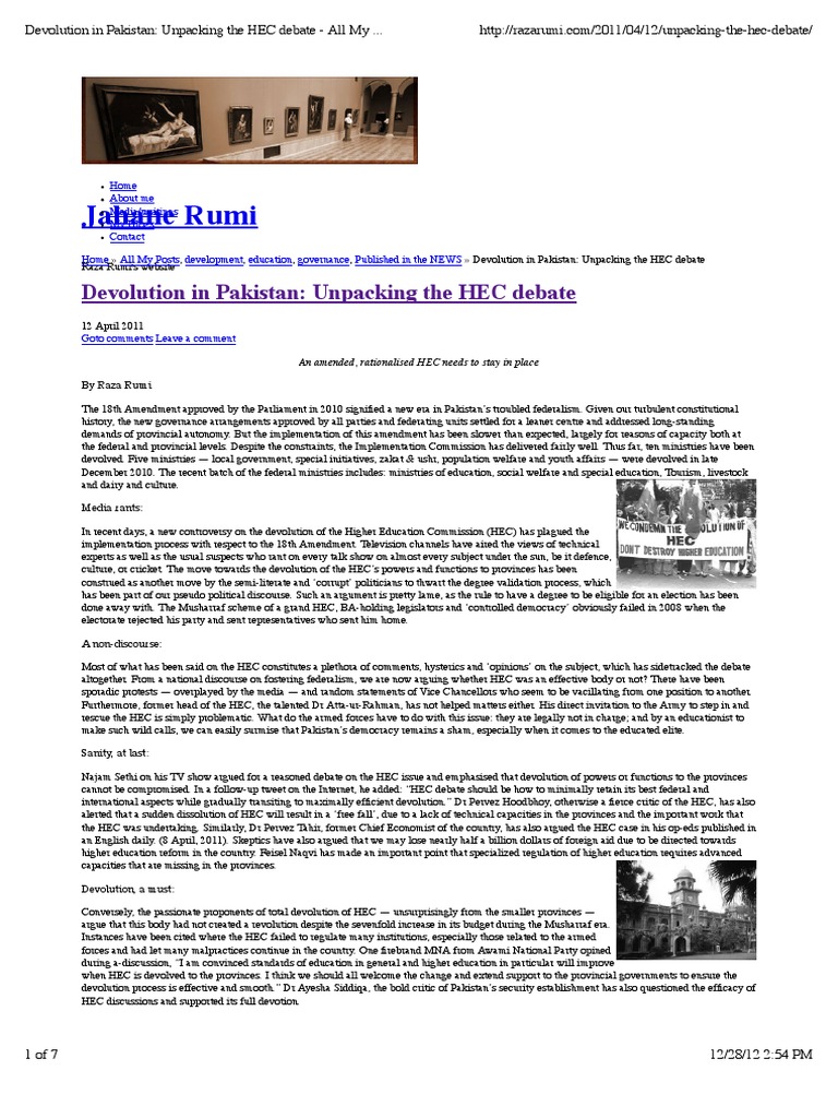 Jahane Rumi: Devolution in Pakistan: Unpacking The HEC Debate | PDF | Devolution | Pakistan
