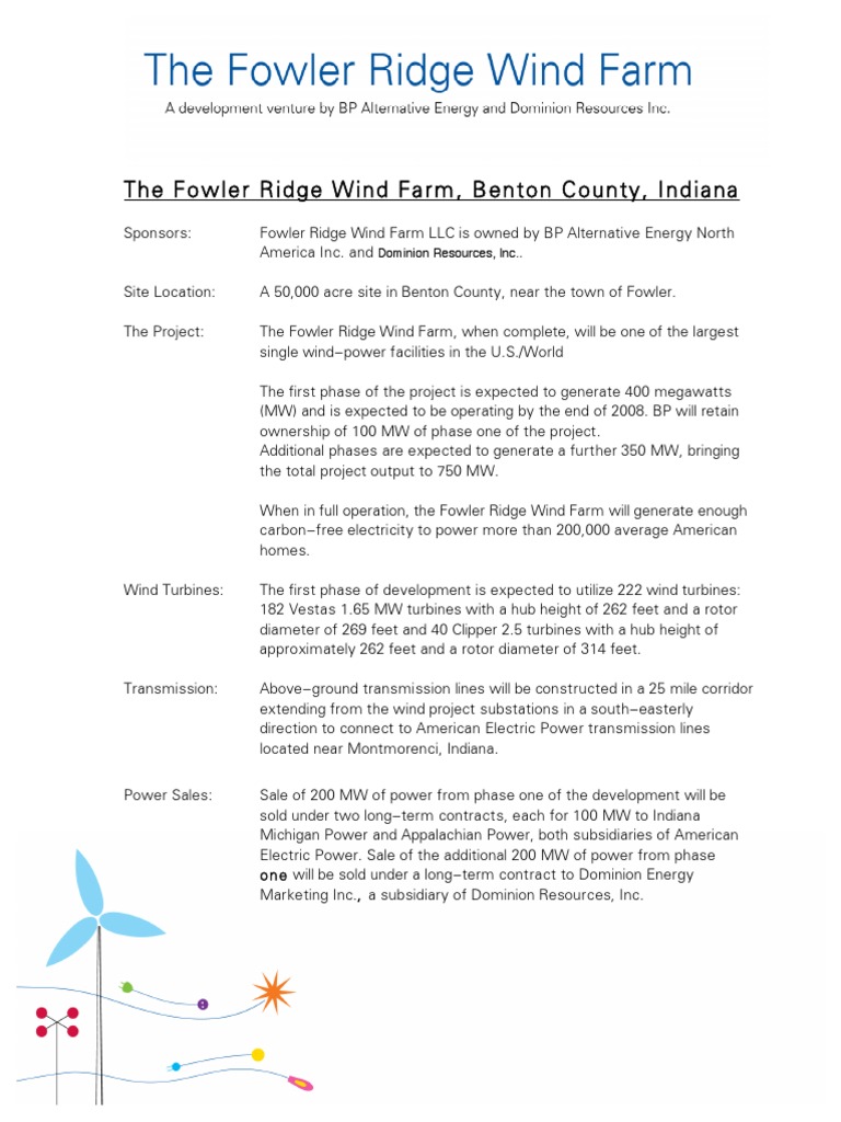 Fowler Ridge Fact Sheet | Download Free PDF | Wind Power | Bp