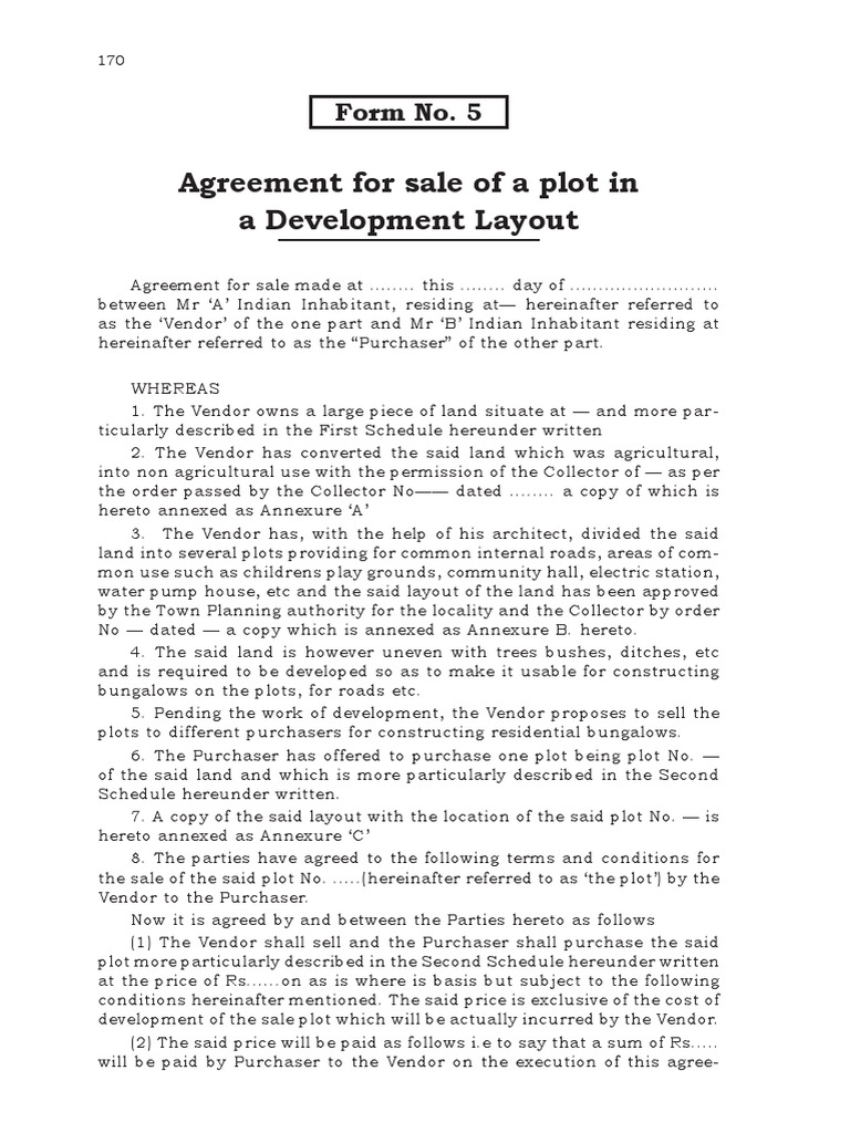 Agreement For Sale of A Plot in A Development Layout: Form No. 5 | PDF | Conveyancing | Deed