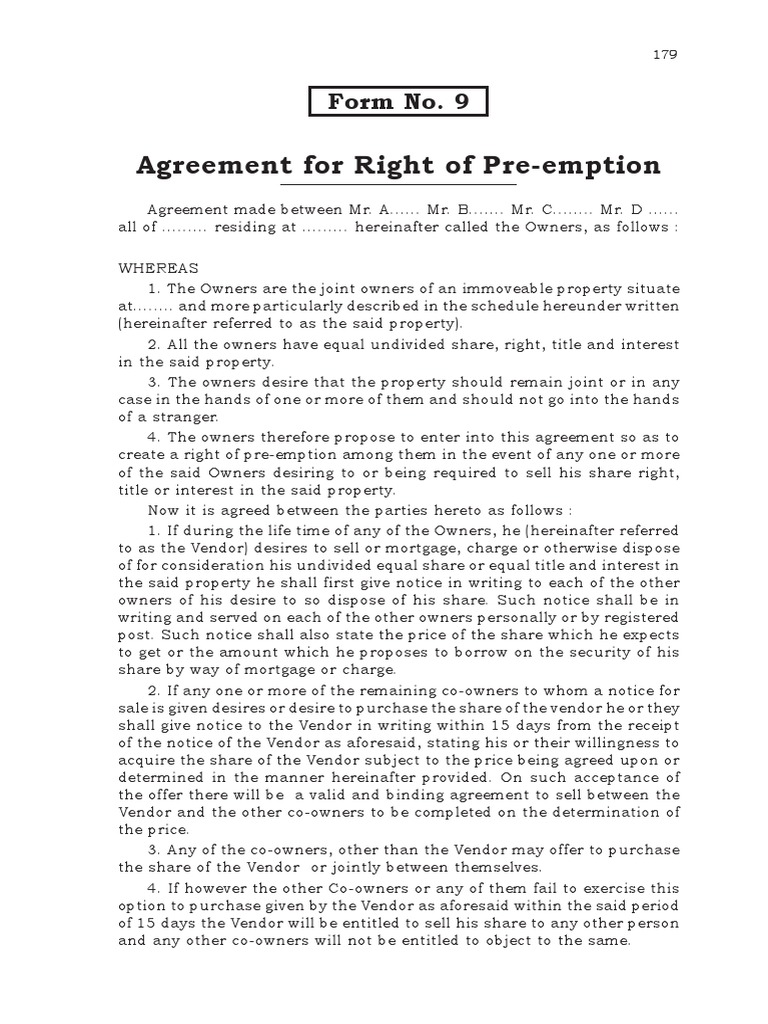 Agreement For Right of Pre-Emption: Form No. 9 | Download Free PDF ...