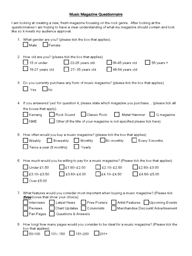 Music Magazine Questionnaire | PDF | Leisure | Entertainment (General)