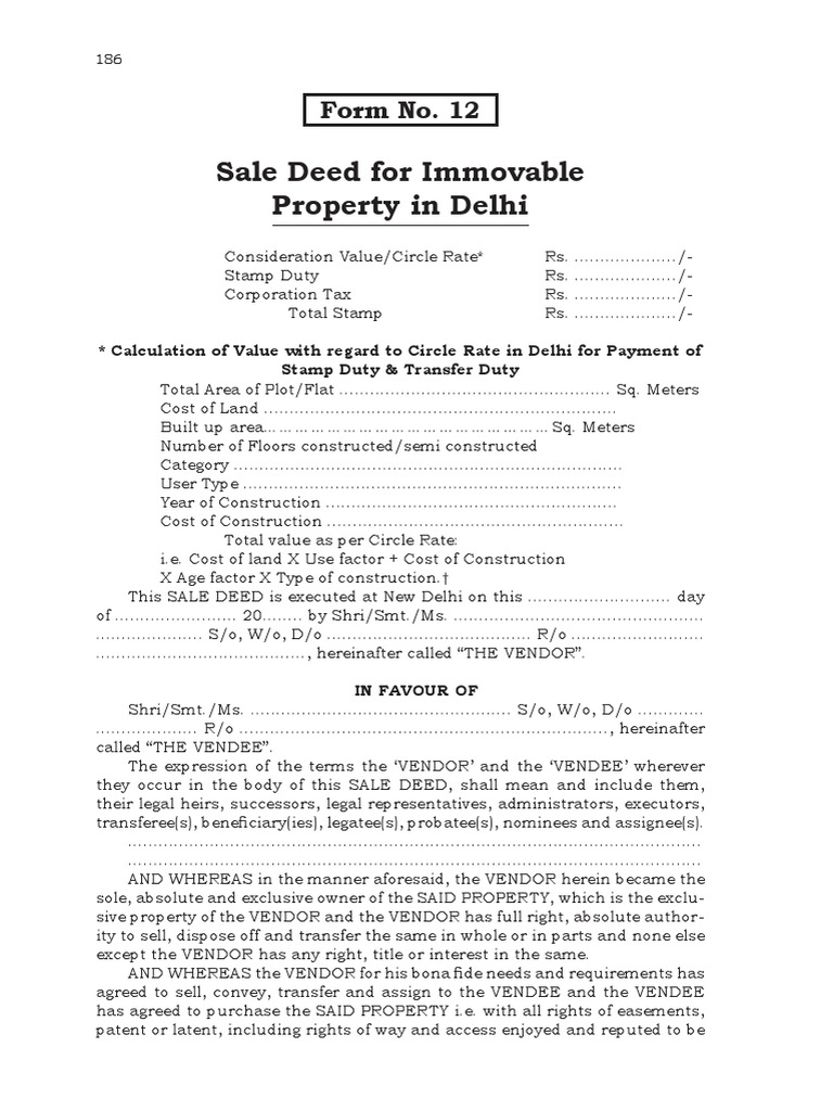 Sale Deed For Immovable Property in Delhi: Form No. 12 | PDF | Property | Mortgage Law