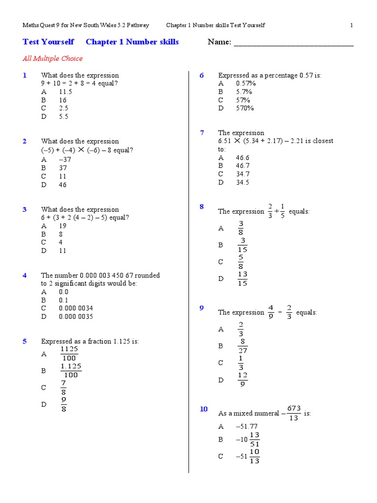 Test Yourself Chapter 1 Number Skills: Name | PDF