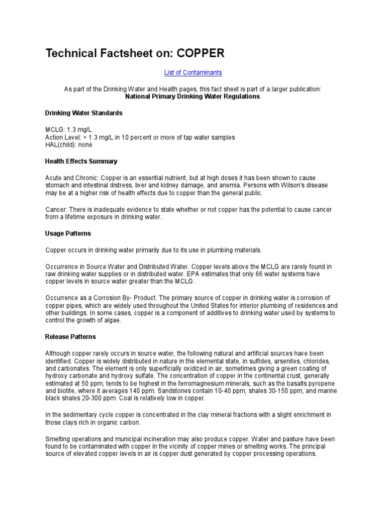 Copper FACT SHEET | PDF | Copper | Drinking Water