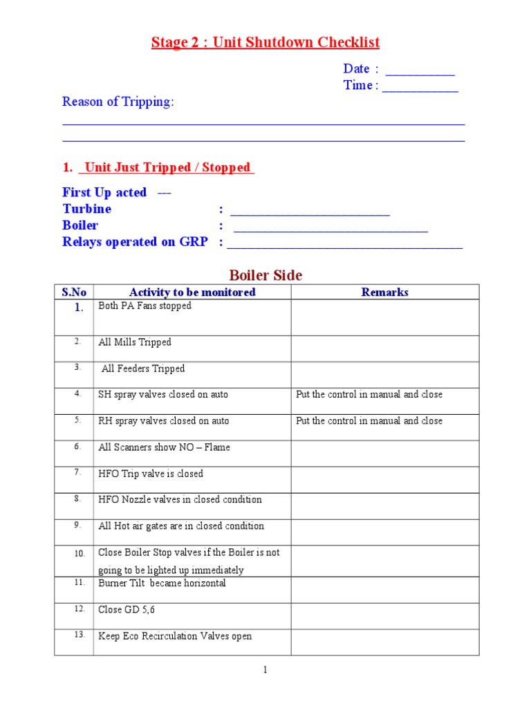 Stage 2 Unit Shutdown Checklist | PDF | Steam Power | Energy Technology