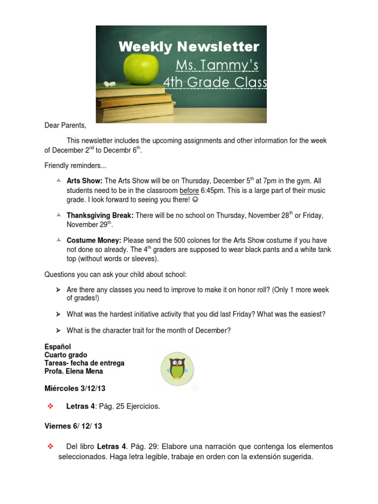 4th Grade Weekly Newsletter: Dec 2-6 | PDF