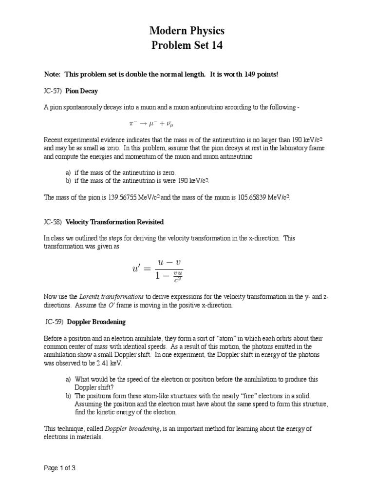 Modern Physics Problem Set 14: Page 1 of 3 | PDF | Electron | Atomic ...