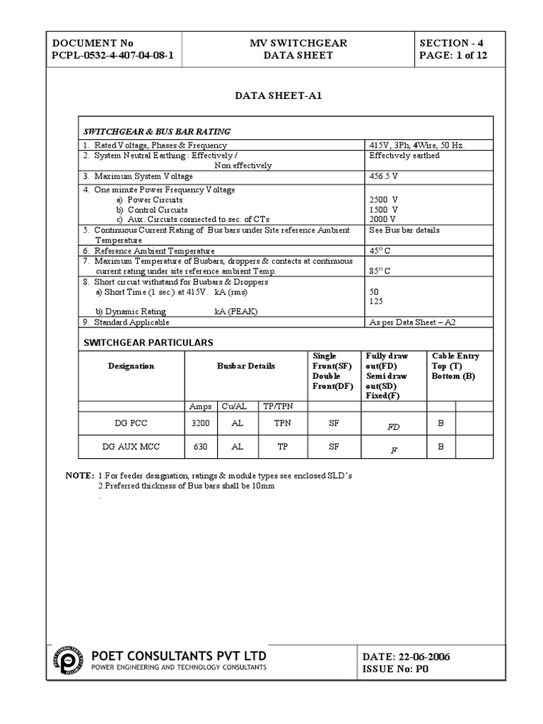 Document No PCPL-0532-4-407-04-08-1 MV Switchgear Data Sheet Section ...