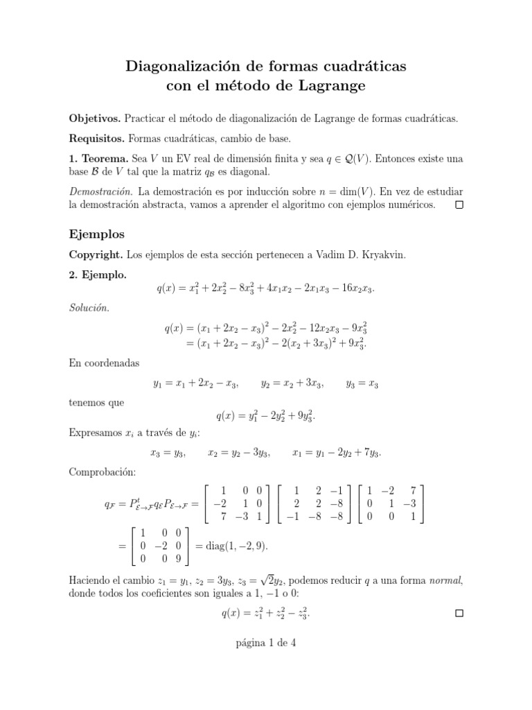 Quadratic Form Diagonalization Lagrange | PDF | Enseñanza de matemática | Análisis matemático
