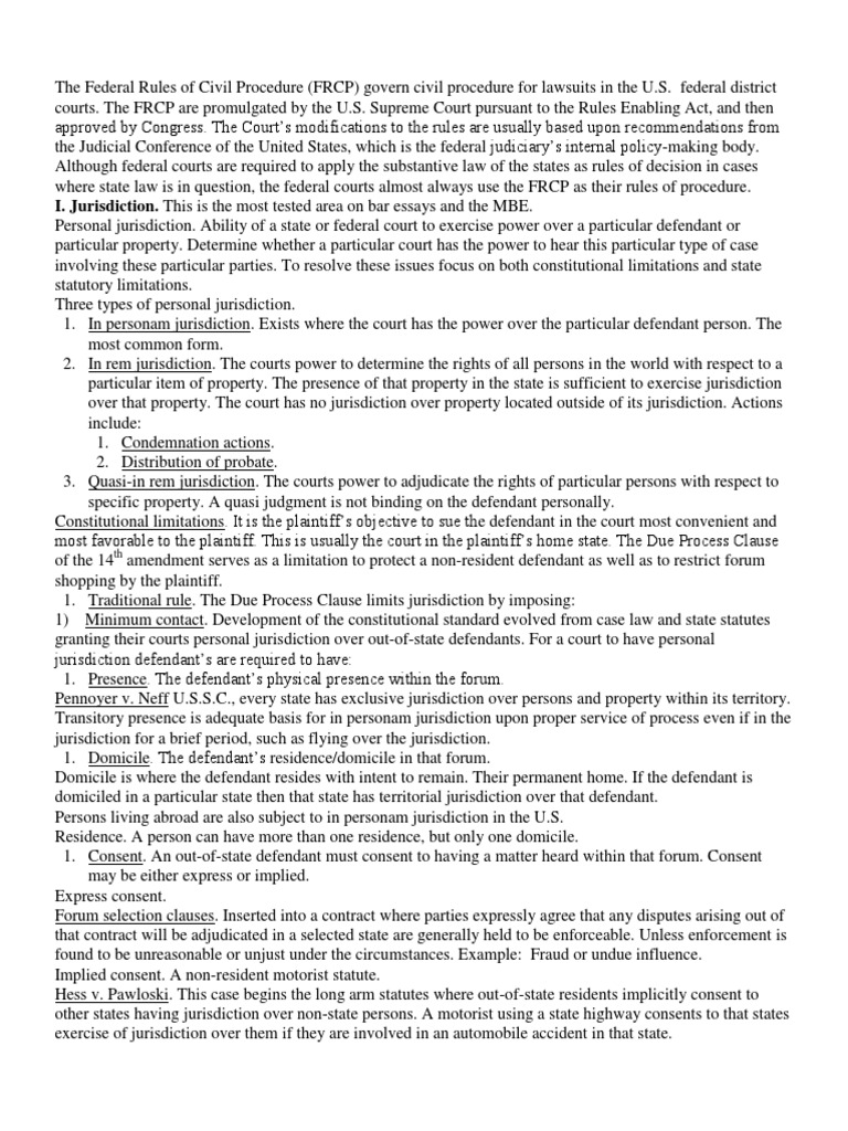 FRCP Outline From Online | PDF | Diversity Jurisdiction | Deposition (Law)
