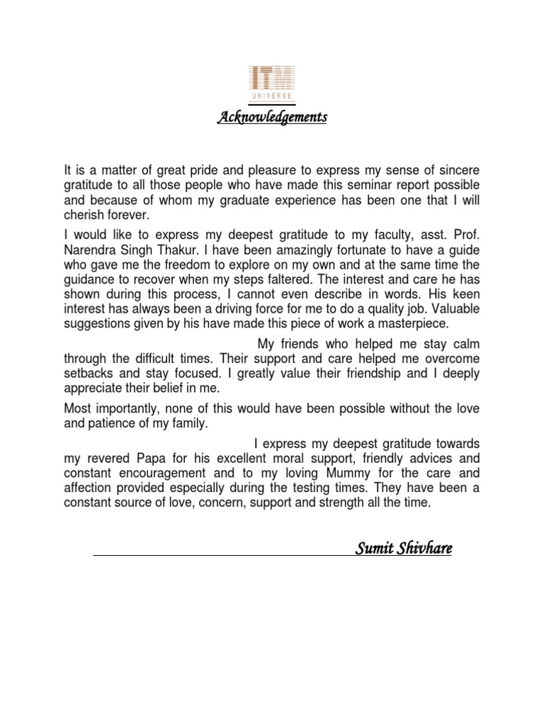 Acknowledgements for Seminar Report | PDF