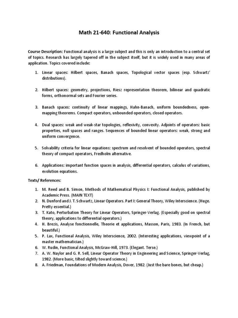 CMU (Math 21-640) - Functional Analysis - Syllabus | PDF