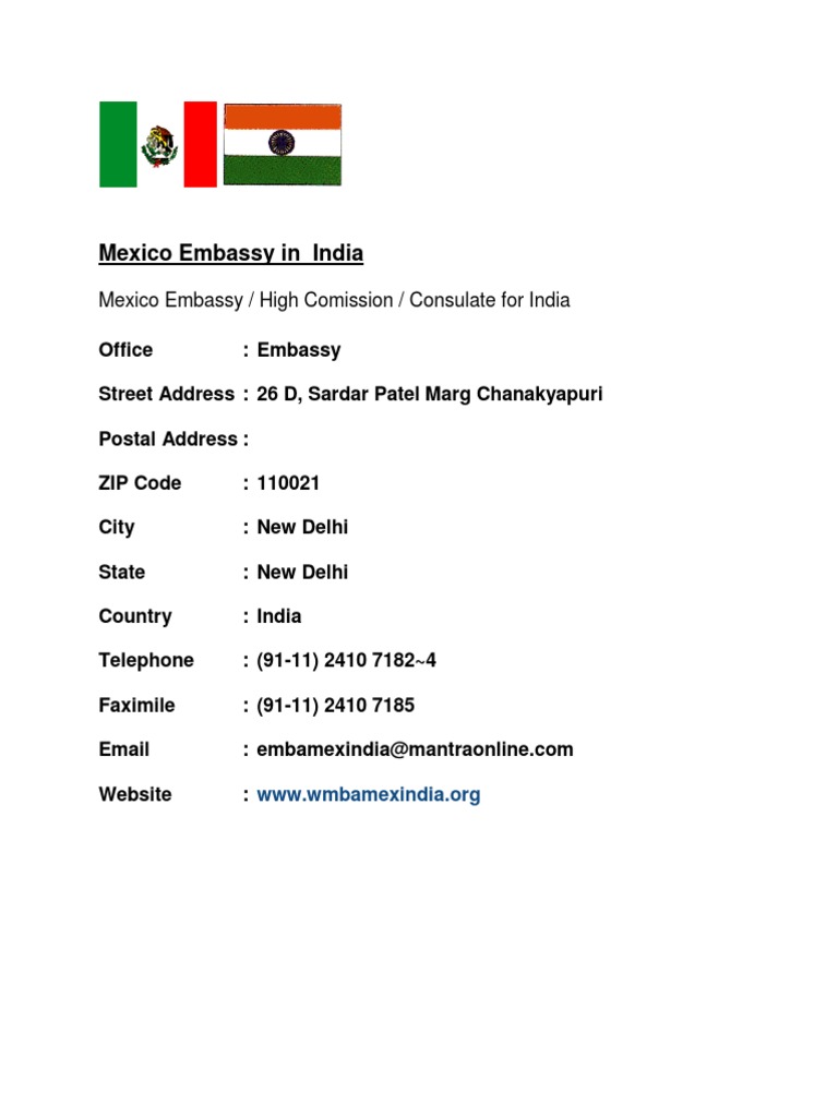 Mexico Embassy Contact Information India | PDF | Business