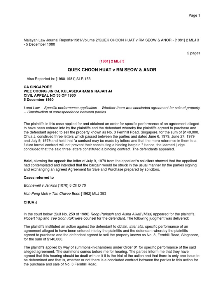Quek Choon Huat V RM Seow & Anor - (1981) 2 | PDF | Court Of Appeal Of ...