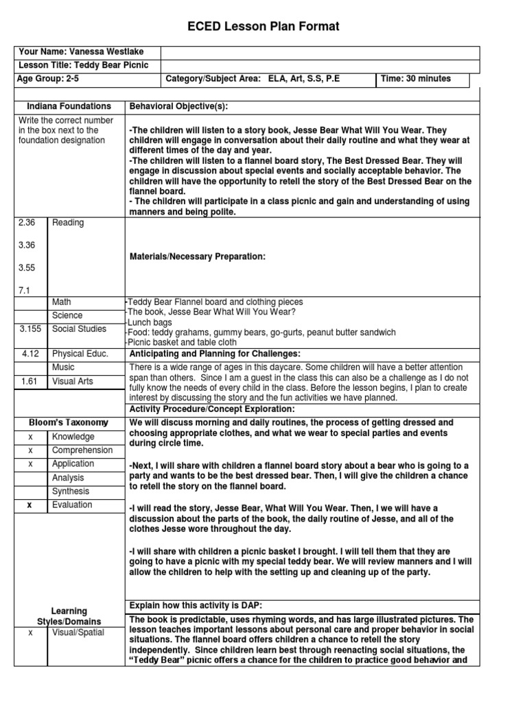 Teddy Bear Picnic Lesson Plan | PDF | Reading Comprehension ...