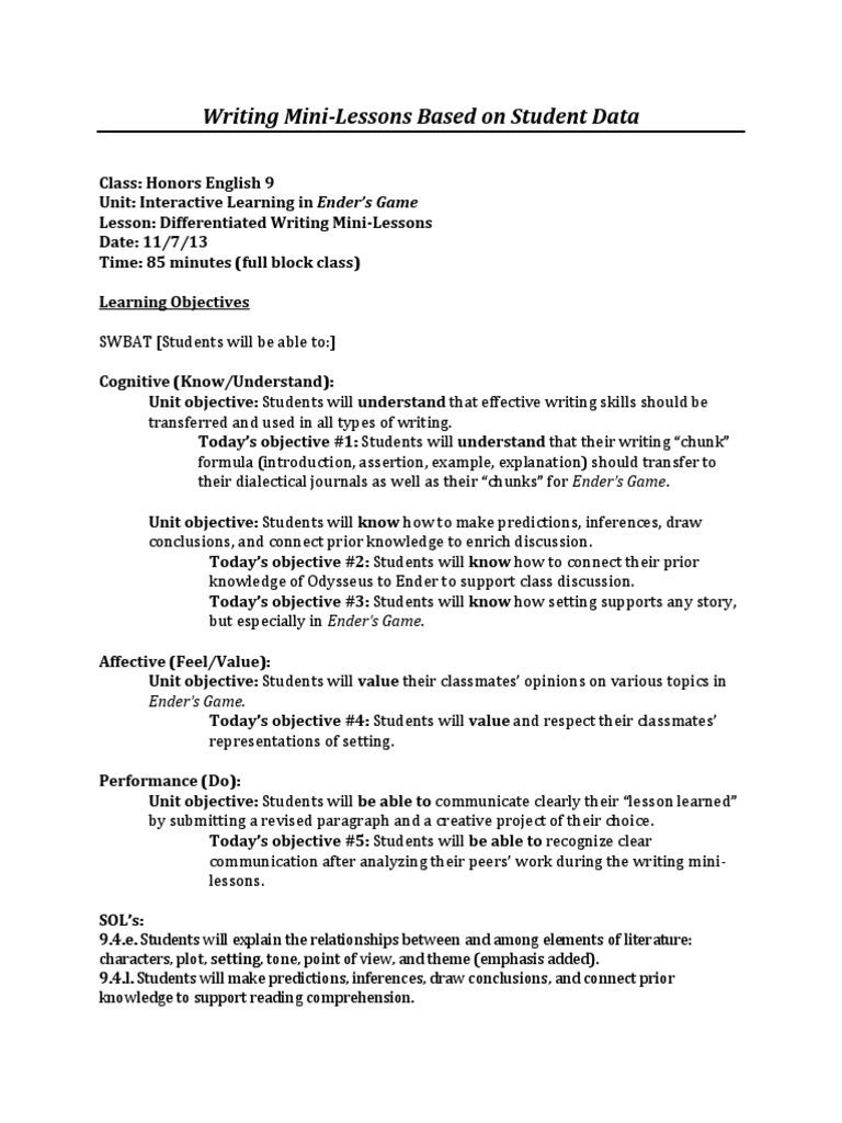 Ender's Game Writing Mini-Lessons | PDF | Reading Comprehension | Cognition