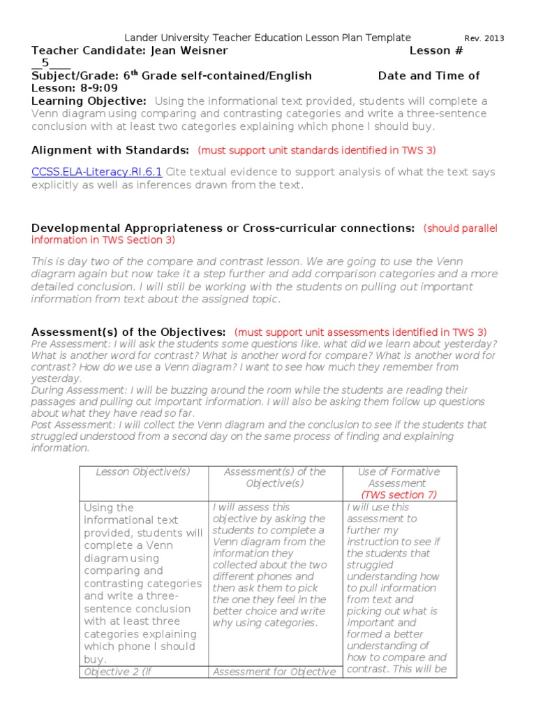 6th Grade Compare and Contrast Lesson Plan | PDF | Lesson Plan ...