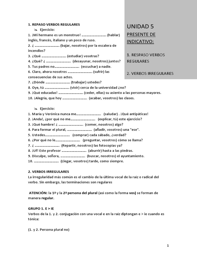 Ejercicios de Verbos Regulares e Irregulares en Presente de Indicativo ...