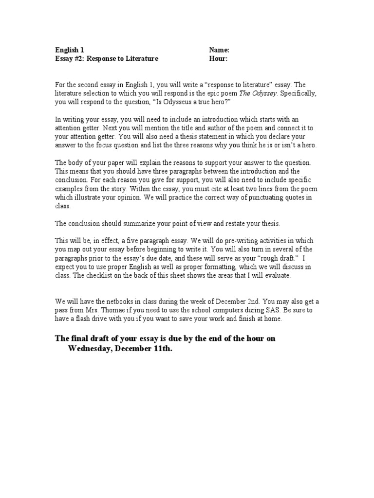 The Odyssey Response To Literature Essay | PDF | Essays | Writing
