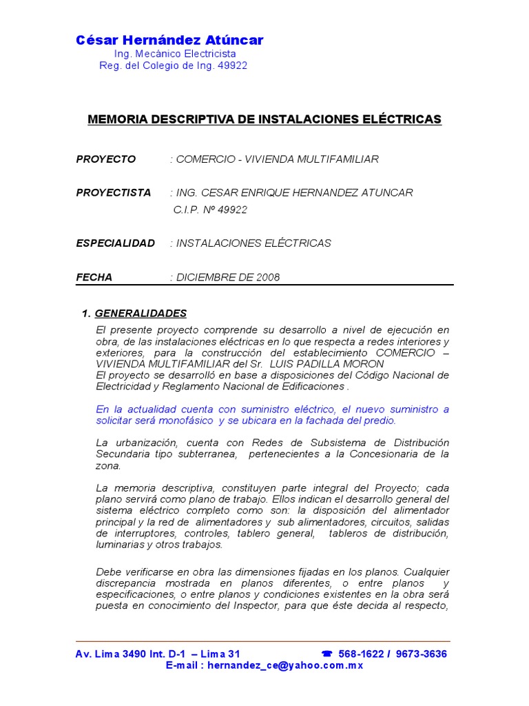 Memoria Descriptiva Eléctricas Padilla | Descargar gratis PDF | Enchufes y tomas de corriente ...