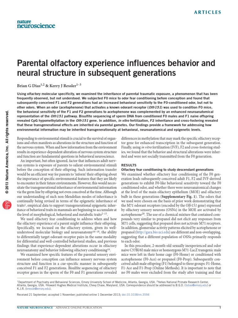 Parental Olfactory Experience Influences Behavior and Neural Structure ...