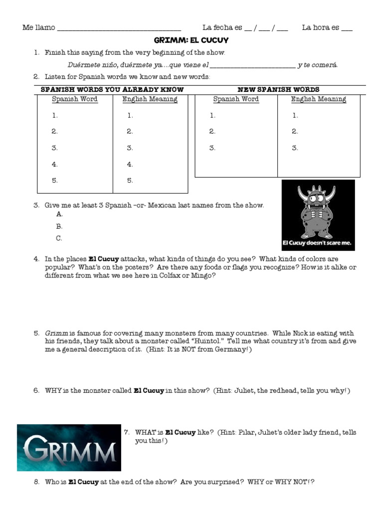 GRIMM: EL CUCUY Worksheet | PDF
