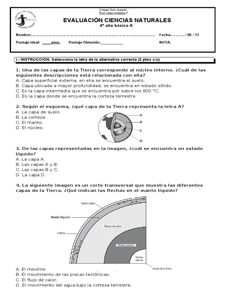 Evaluación de Capas de la Tierra 4º Básico | PDF | Manto (geología ...