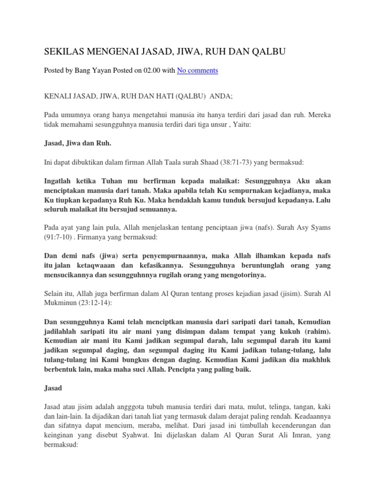 Sekilas Mengenai Jasad, Jiwa, Ruh Dan Qalbu | PDF