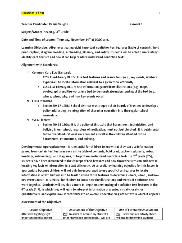 Nonfiction Text Features Lesson Plan | PDF | Reading Comprehension ...
