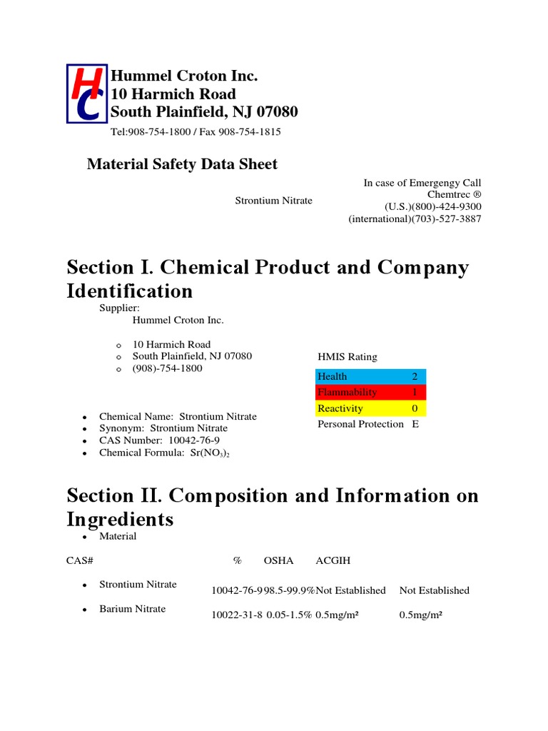 Msds Strontium Nitrate | Toxicity | Personal Protective Equipment