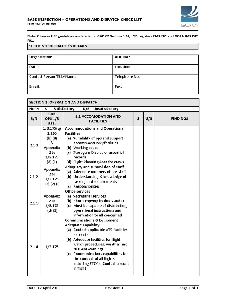 FOF-InP-010 Base Inspection - Operations and Dispatch Check List Rev. 1 ...