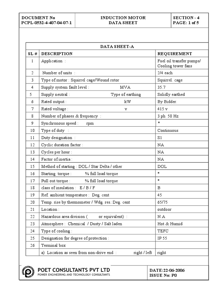 Document No PCPL-0532-4-407-04-07-1 Induction Motor Data Sheet Section ...