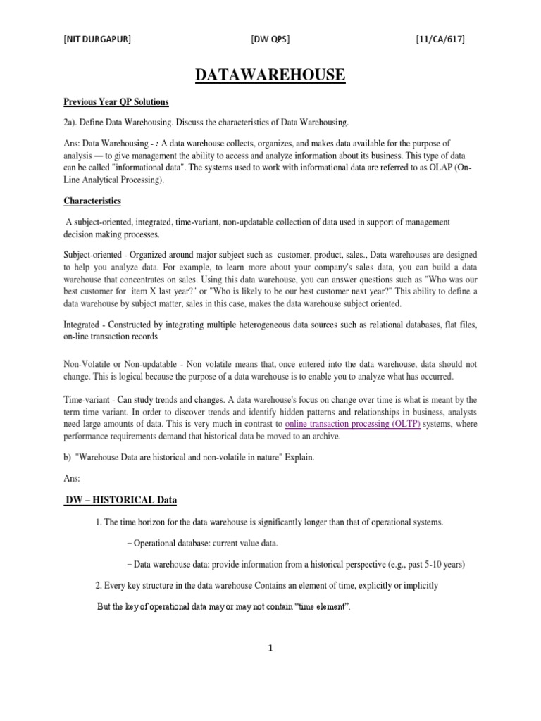 Data WareHouse Previous Year Question Paper | PDF | Data Warehouse ...