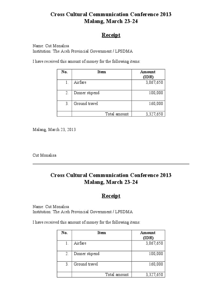 Cross Cultural Communication Conference Receipts | PDF | Business ...