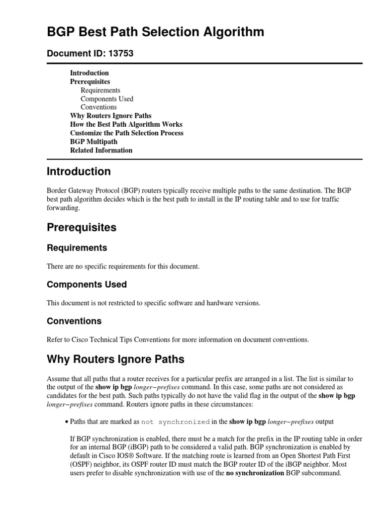 BGP Best Path Selection Algorithm | PDF