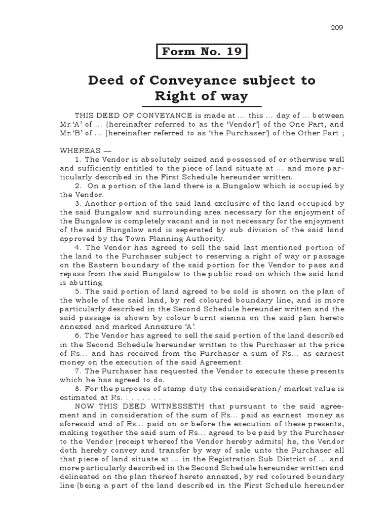 Deed of Conveyance Subject To Right of Way: Form No. 19 | PDF | Deed ...