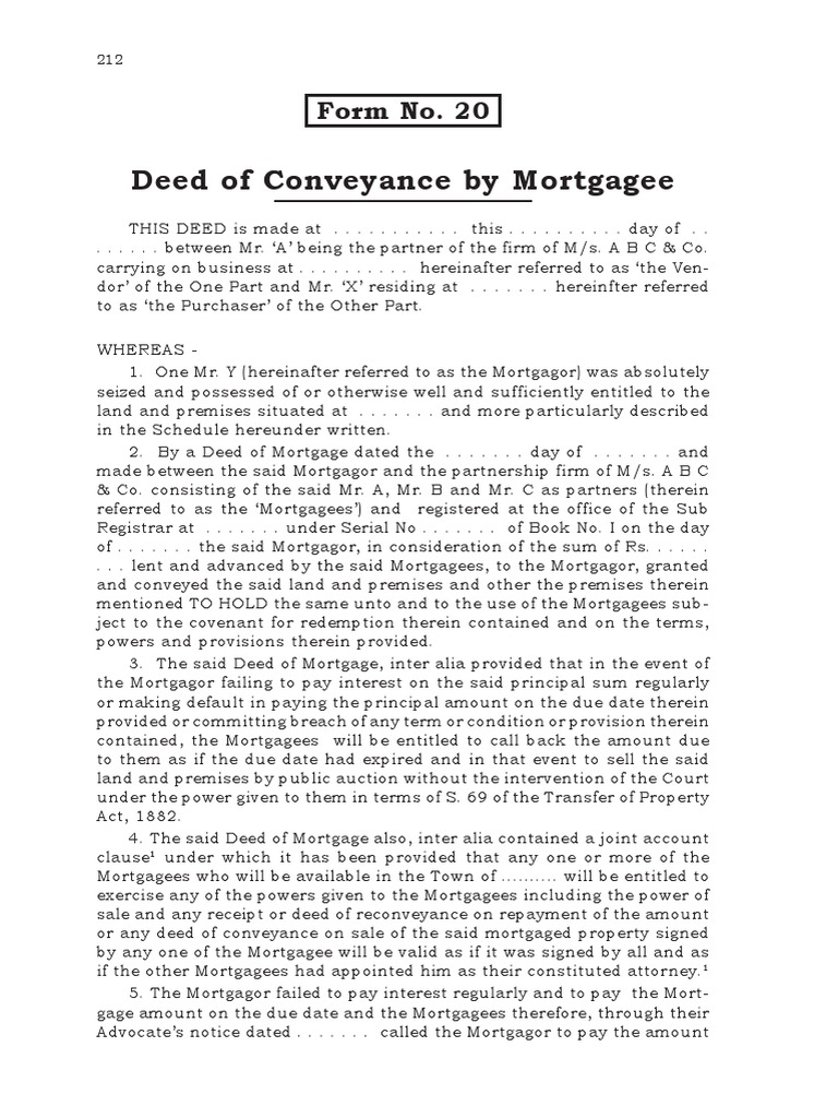 Deed of Conveyance by Mortgagee: Form No. 20 | PDF | Mortgage Law | Deed