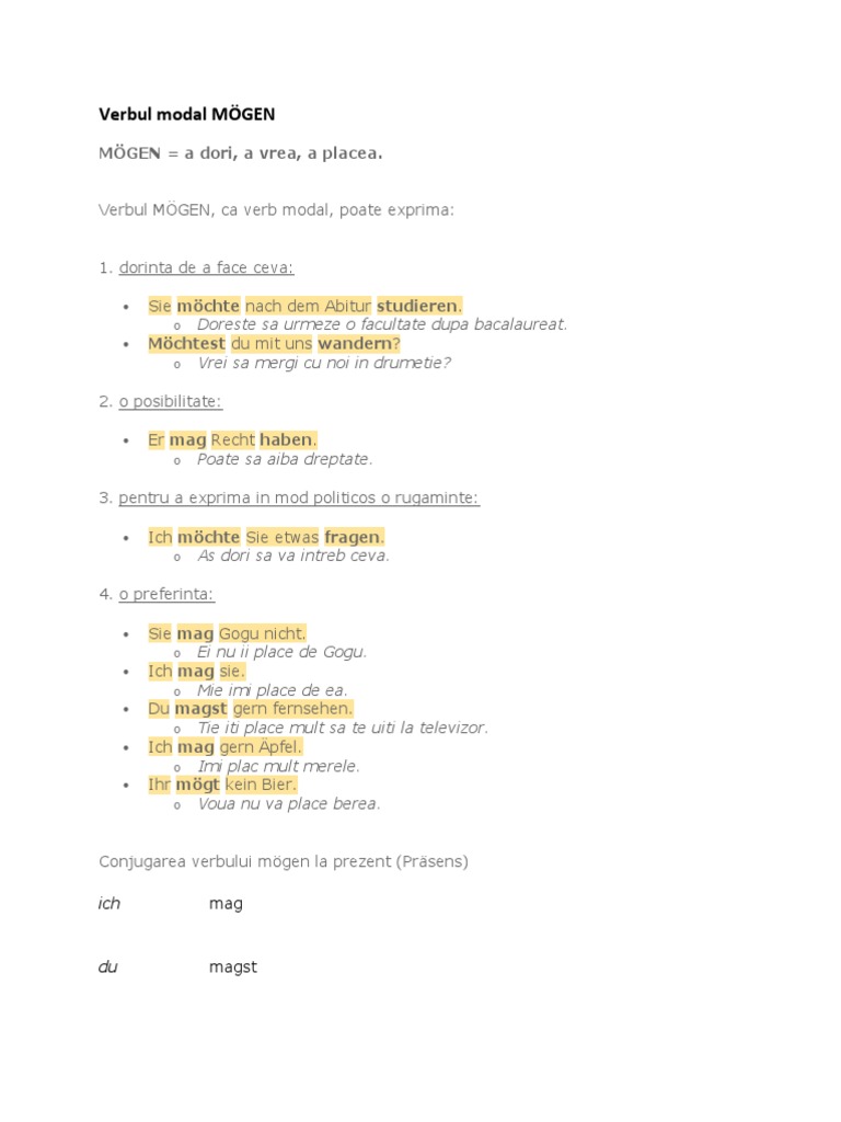 Verbul Modal MÖGEN | PDF